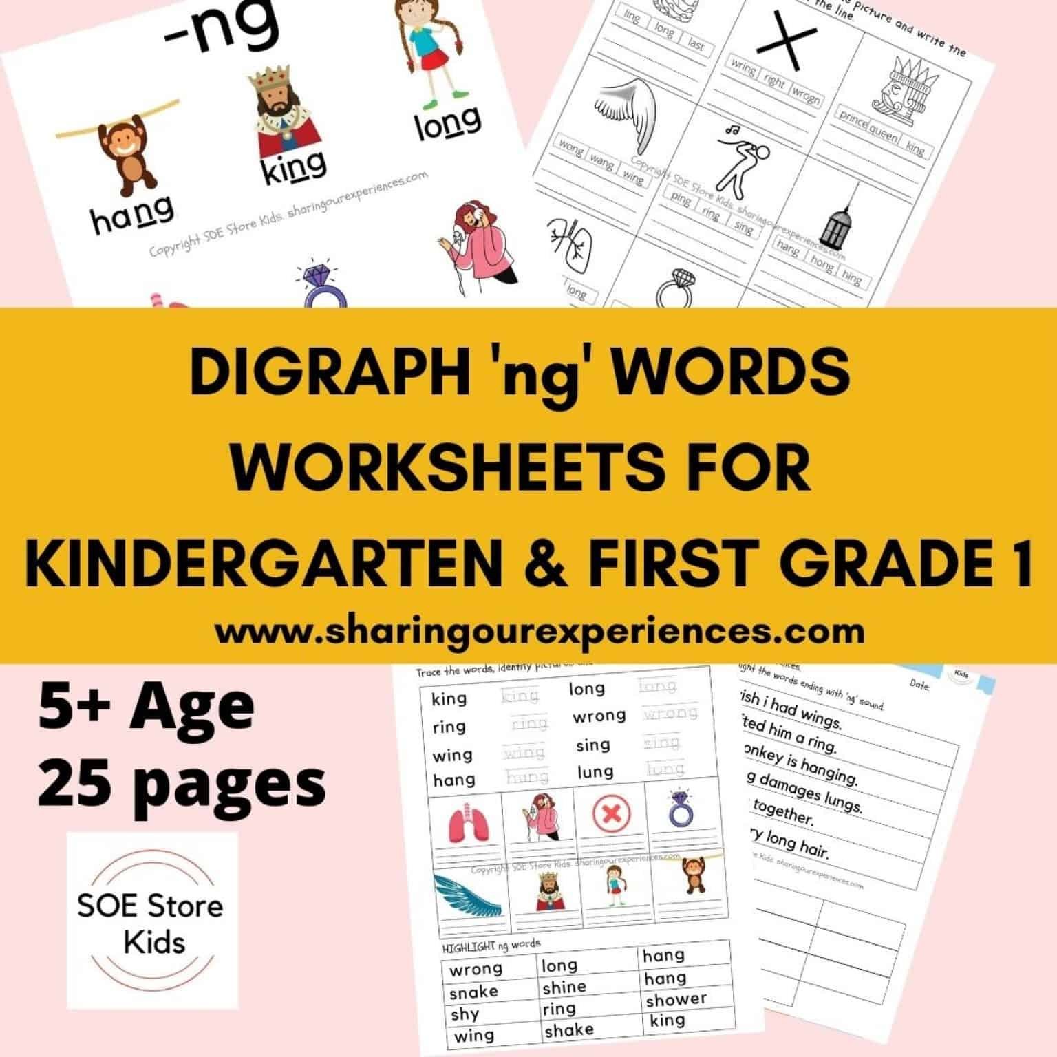 Digraph 'ng' words worksheets for Kindergarten & First grade 1